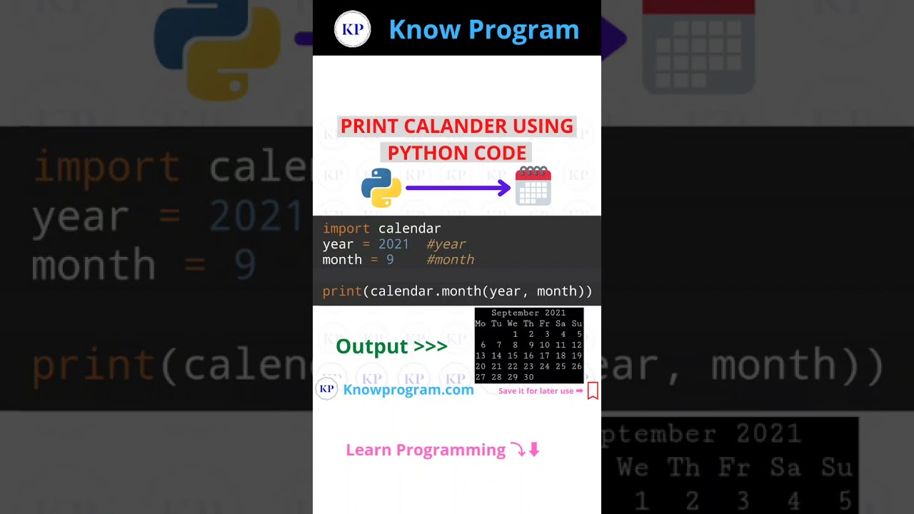 Print Calendar using Python Code 🔥🔥🔥.    | #shorts #python #knowprogram