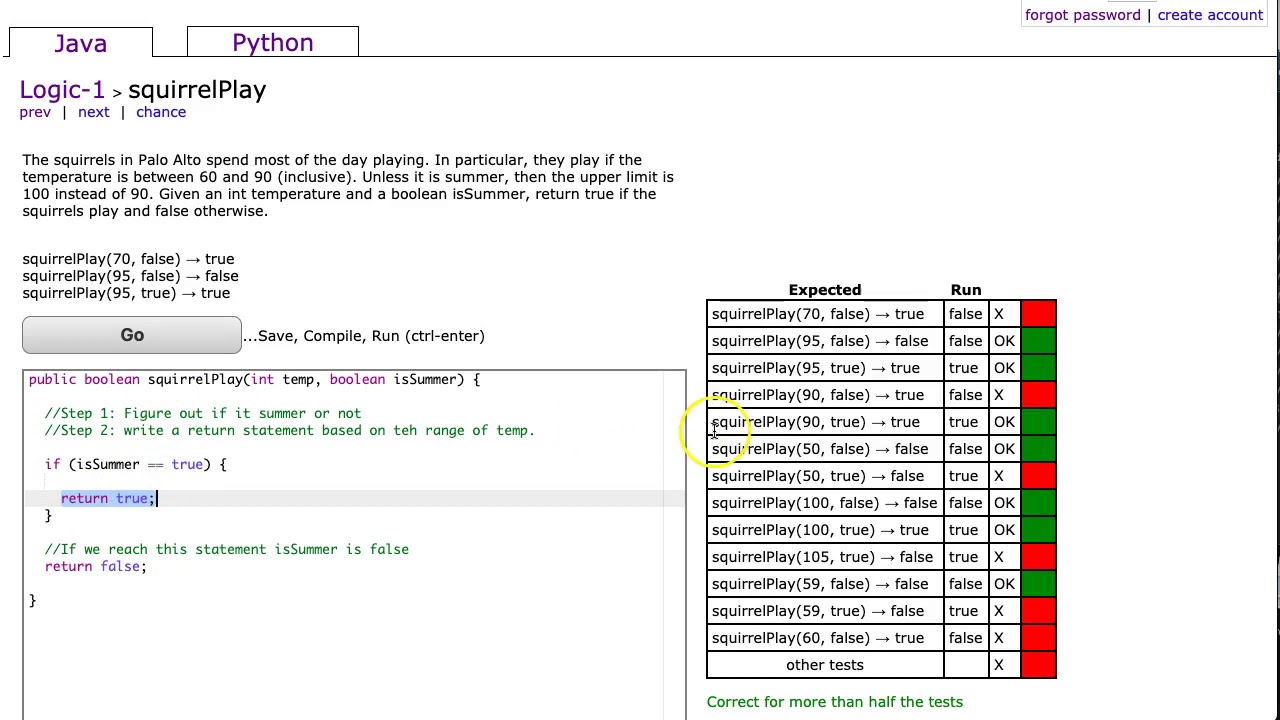 Codingbat - squirrelPlay (Java)