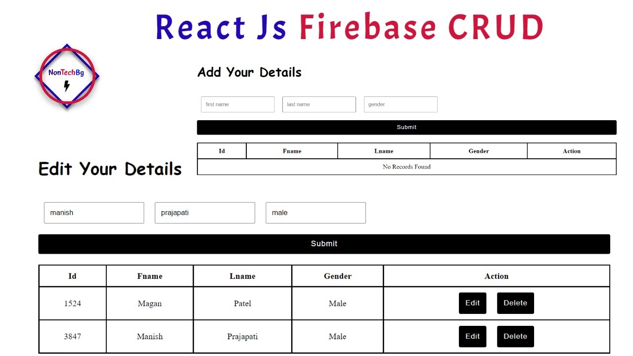 React Js & Firebase CRUD Operation With Real Time Database By NonTechBg | #reactjs #ajax #firebase