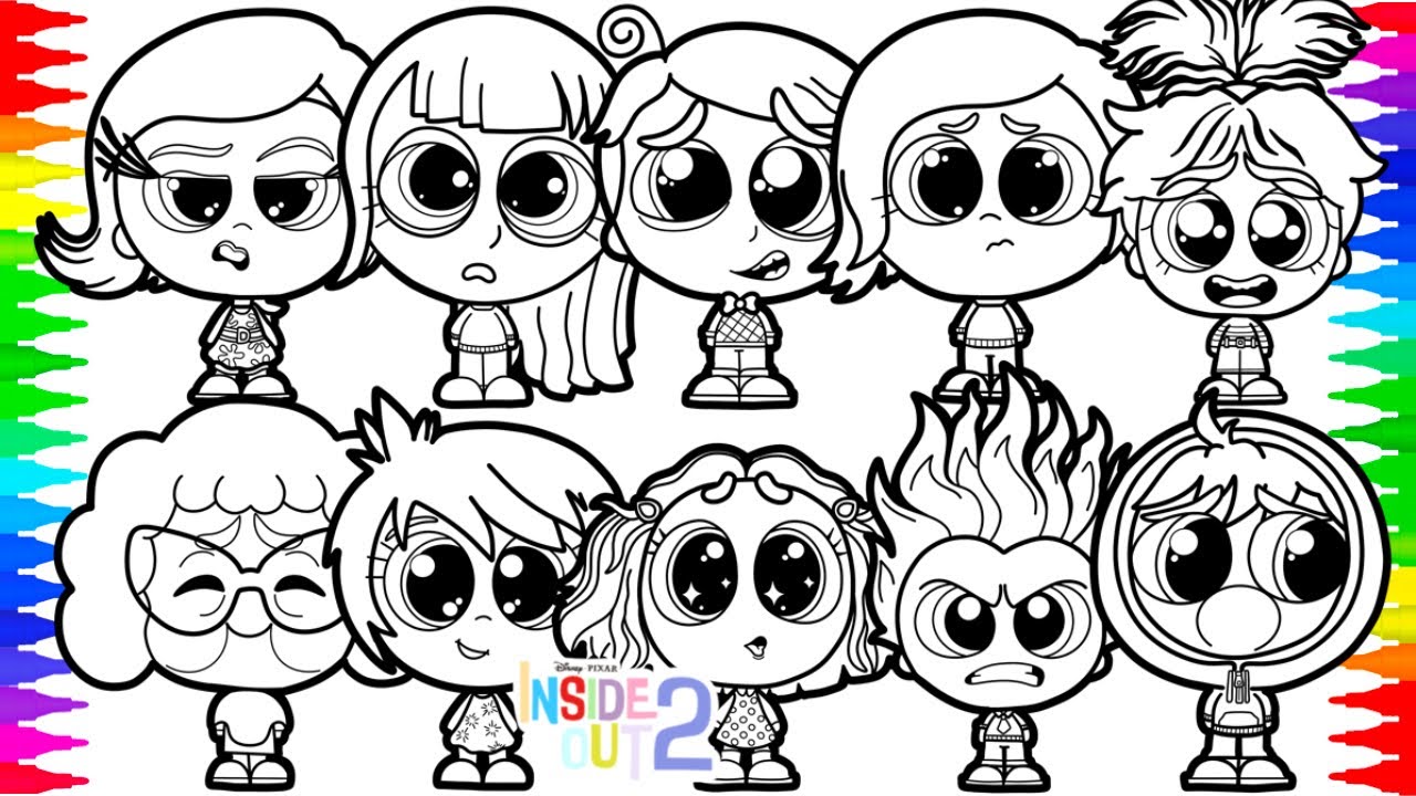 Inside Out 2 Cute Version Coloring Pages | Joy Sadness Anger Fear Disgust Anxiety Envy Embarrassment