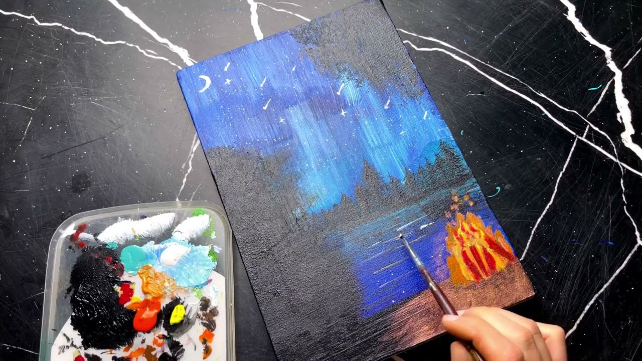 campfire under aurora night sky easy acrylic painting for beginners