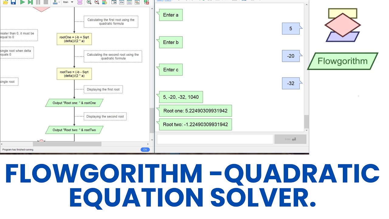 Flowgorithm - Quadratic Equation Solver.