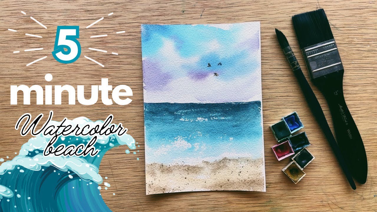 It only takes 5 minutes to paint this simple watercolor beach
