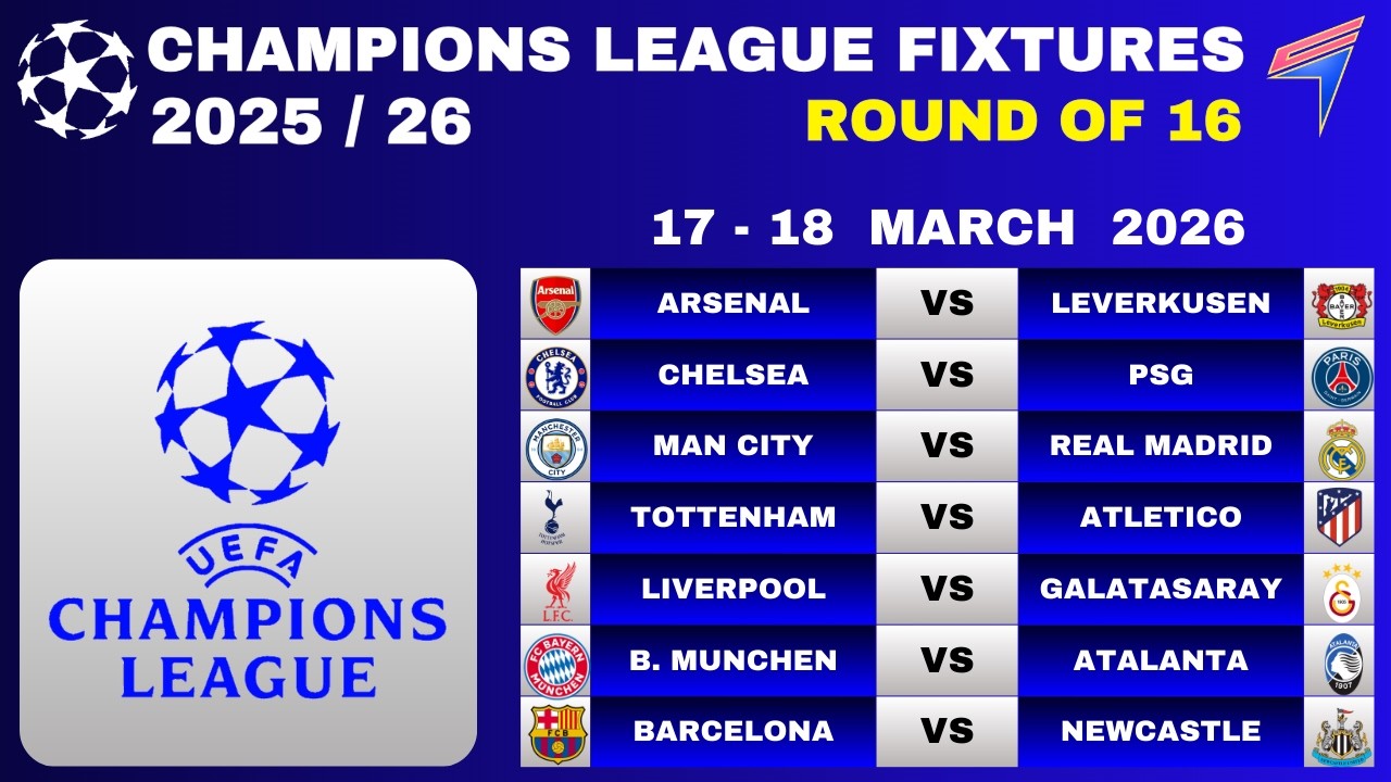 UCL FIXTURES - ROUND OF 16 • 2nd LEGS • MATCH SCHEDULE & TOP SCORERS •  17-18 MARCH 2026