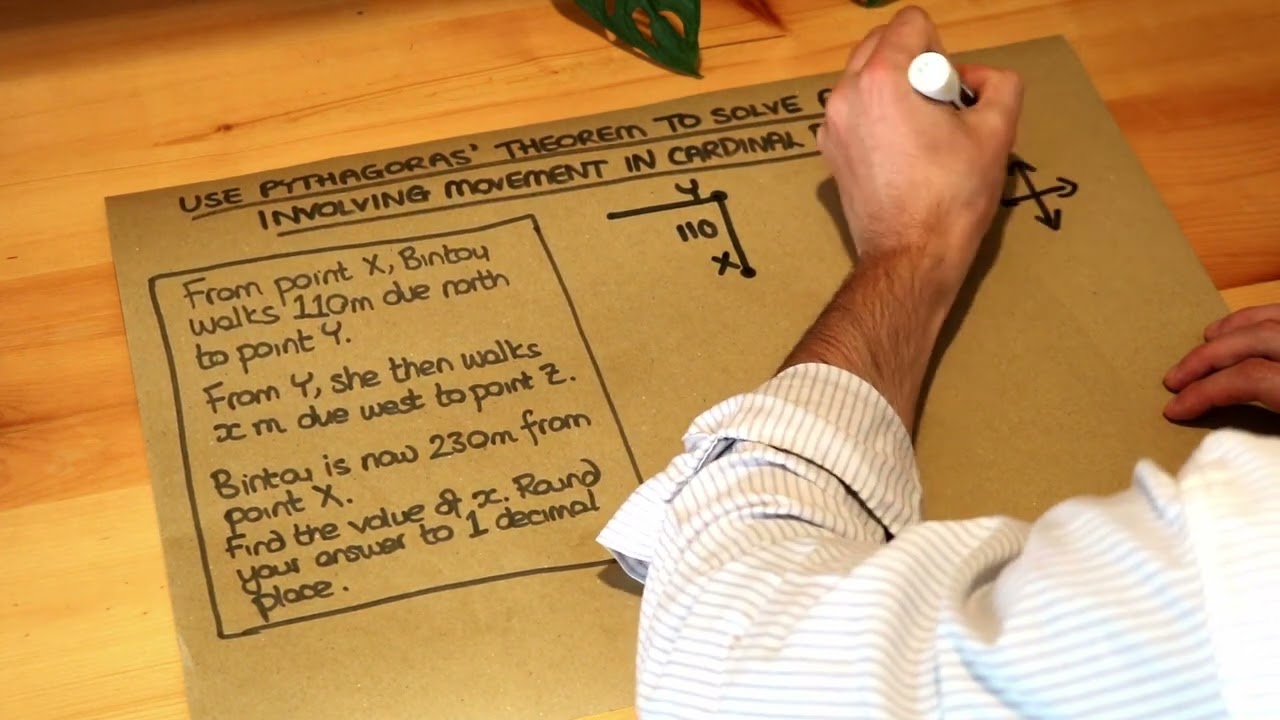 Use Pythagoras' theorem to solve problem involving movement in cardinal directions.