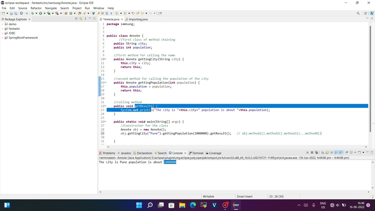 Java Method Chaining Importing and extending classes Methods