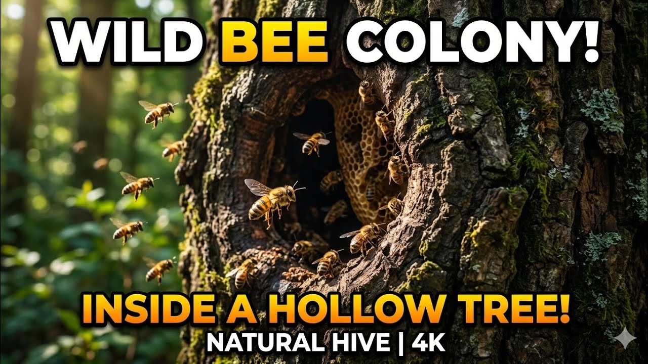 Relaxing Nature: Wild Bee Colony Inside an Old Tree Trunk