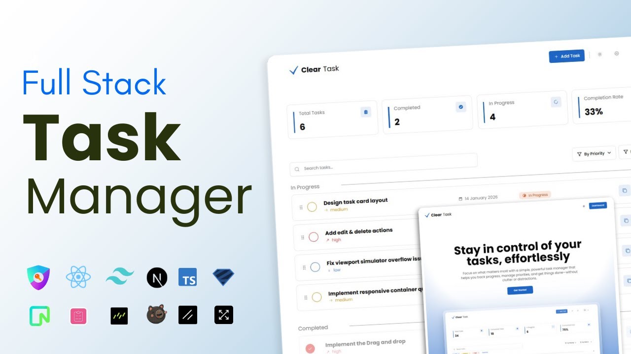 Build a Full Stack Task Manager App Using React, Typescript, Tailwind Css, and Next Js
