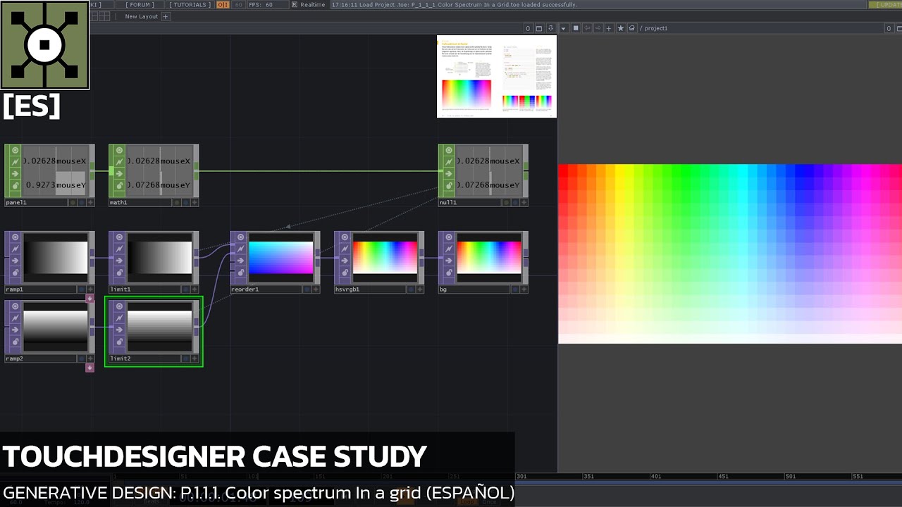 (ES) TouchDesigner Tutorial 23 - Case Study [Generative Design: P.1.1.1 Color spectrum in a grid]