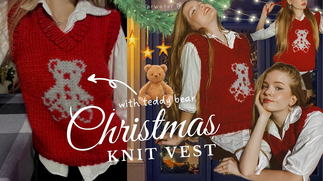 Knitting vest with teddy bear 🧸/ tutorial ✨
