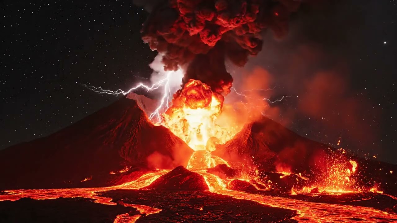Volcanic Eruption at Night with Flowing Lava | Free Stock Footage