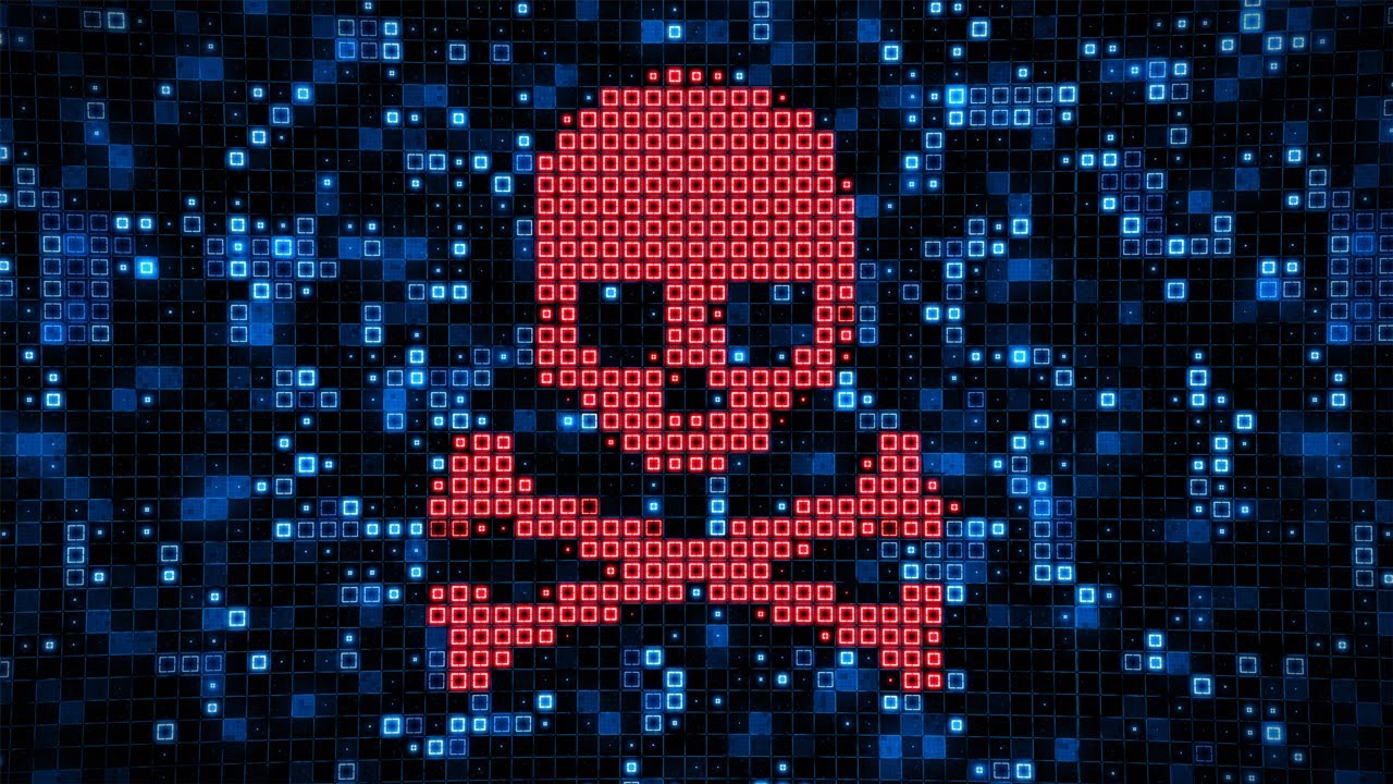 4K Futuristic Digital Data Nodes Being Hacked Showing Skull and Crossbones with Computer Virus