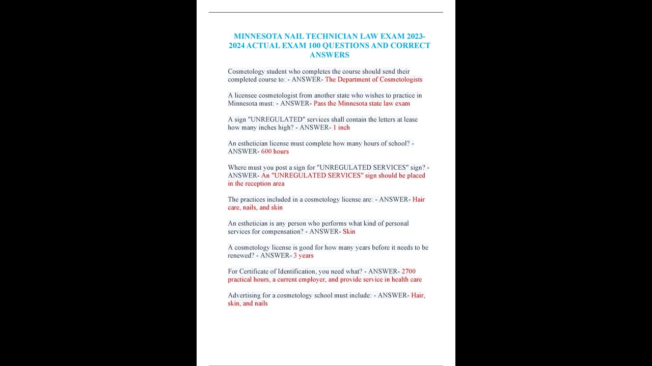 MINNESOTA NAIL TECHNICIAN LAW EXAM 2023 2024 ACTUAL EXAM 100 QUESTIONS AND CORRECT ANSWERS