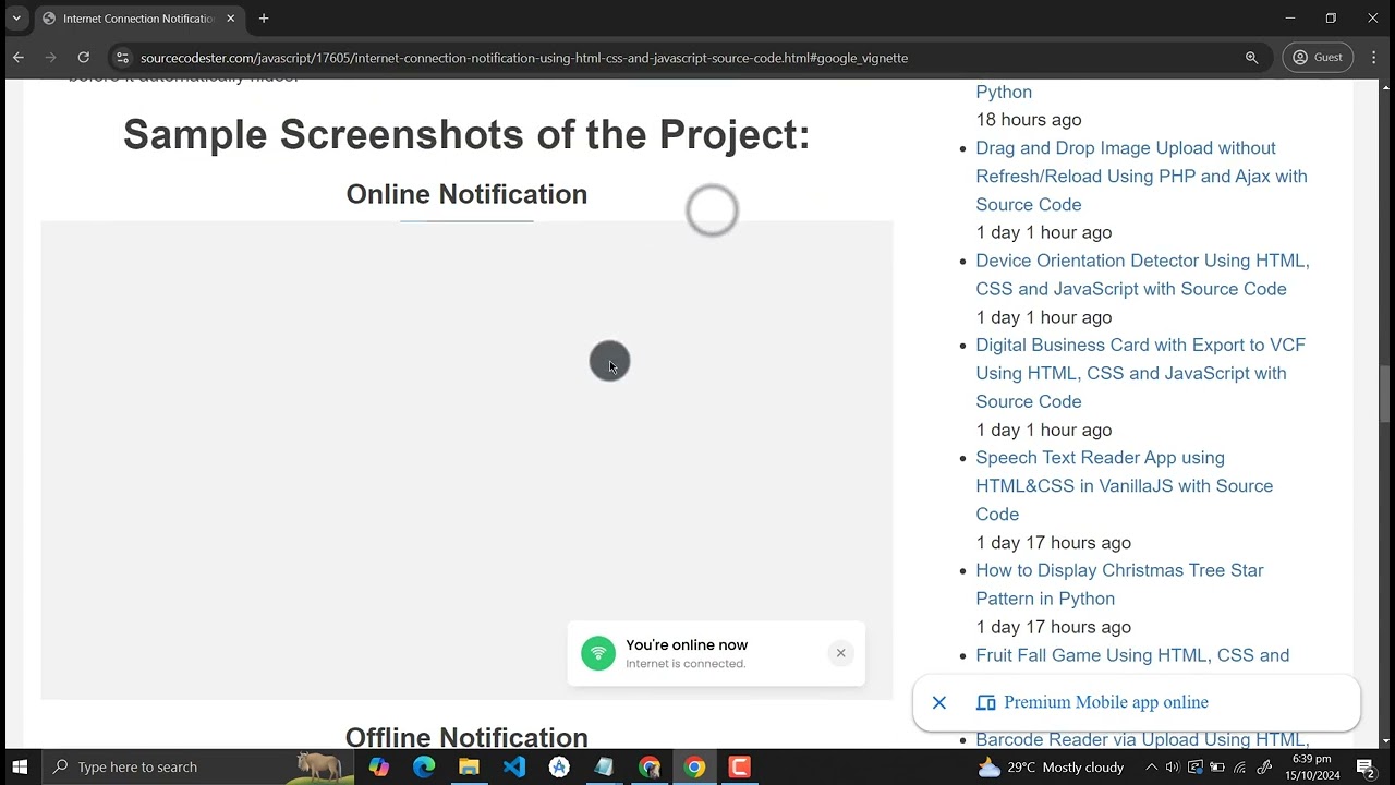Internet Connection Notification Using HTML, CSS and JavaScript with Source Code