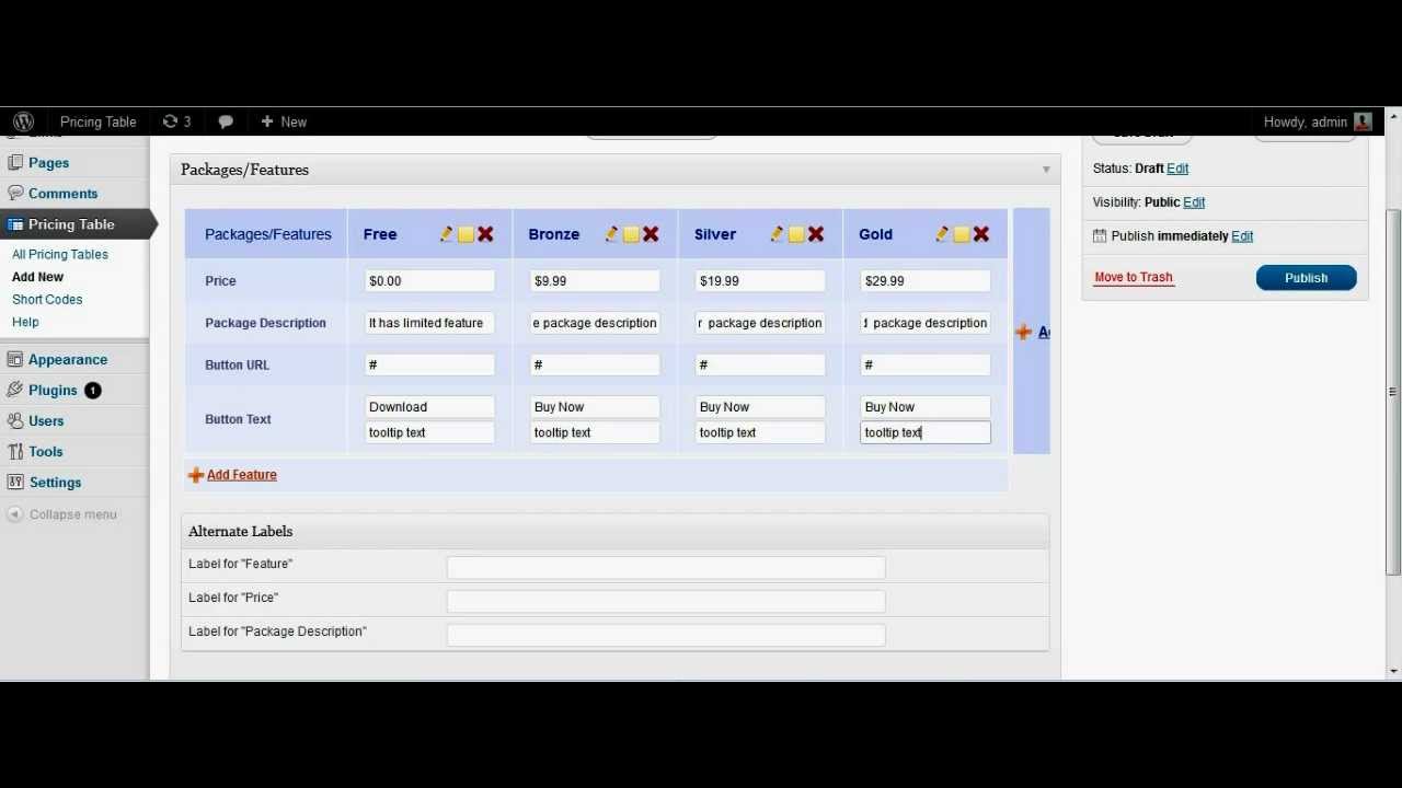 Creating Pricing Table - Basic Steps