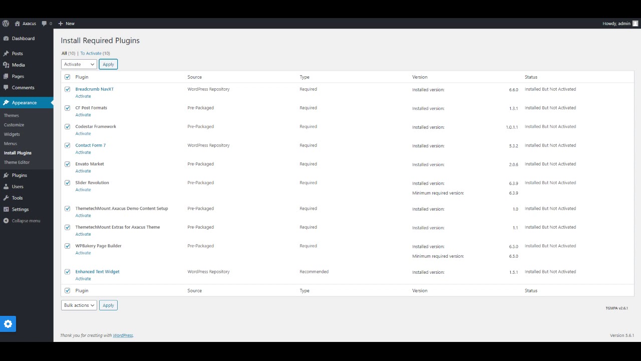 Axacus WordPress theme one click demo data installation