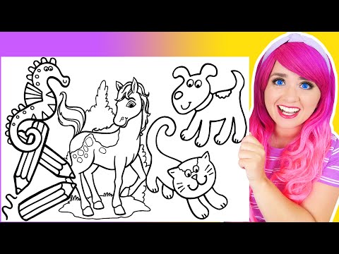 Coloring Cute Animals with Colored Pencils Coloring Pages | Seahorse, Cat, Dog, Horse & Pencils