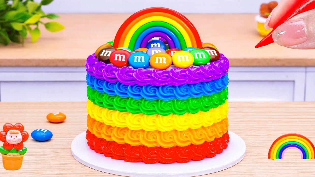 Mini Rainbow Cake With Chocolate🌈Super Glossy Buttercream & Cute Rainbow Toppers💖HT Mini Cakes