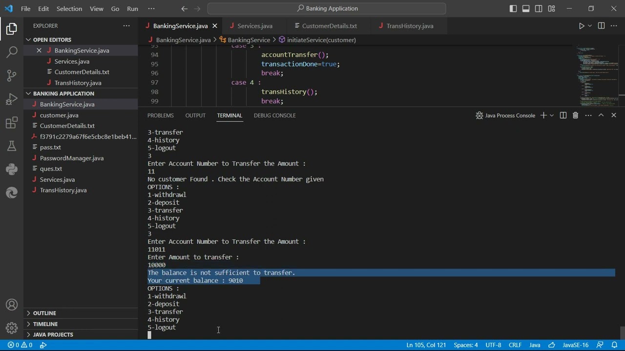 Banking Application using Core JAVA - Console Application