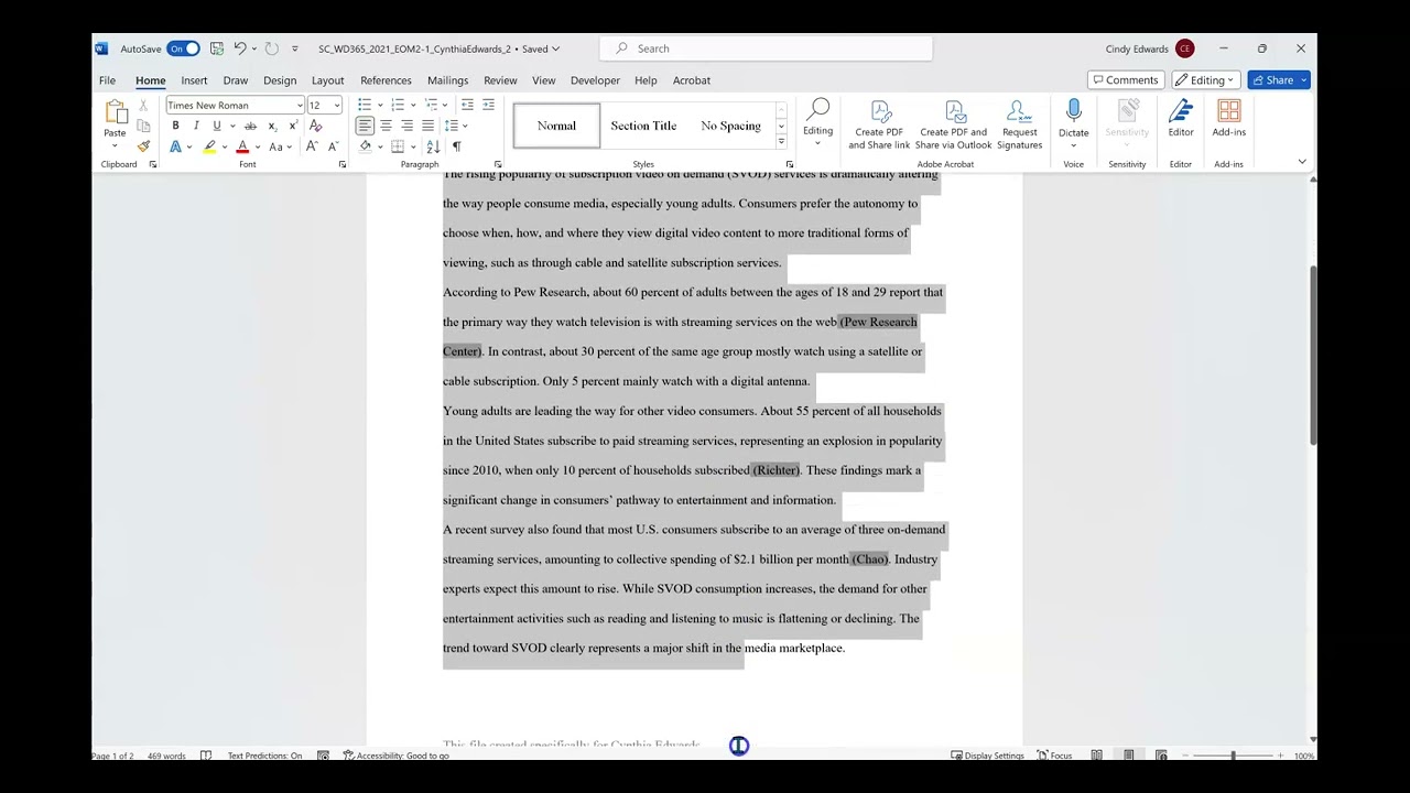 Word 365/2021 Cengage/SAM Module 2 EOM Project 1  Creating a Research Paper S. Cashman