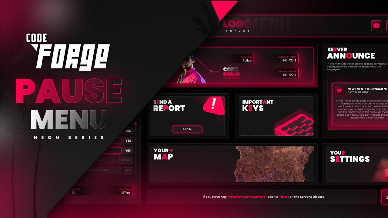 [QB/ESX] Neon Pause Menu with Scoreboard + Announcements + Commands and Keys... | FiveM