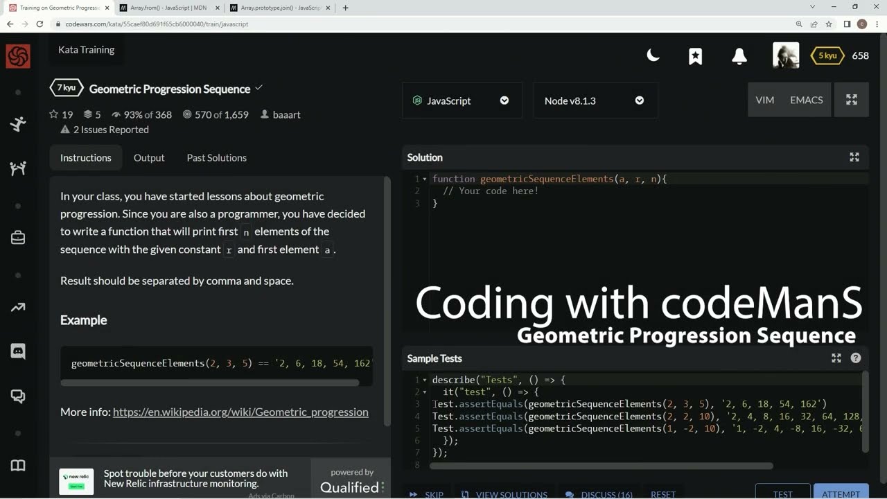 Codewars 7 kyu Geometric Progression Sequence Javascript