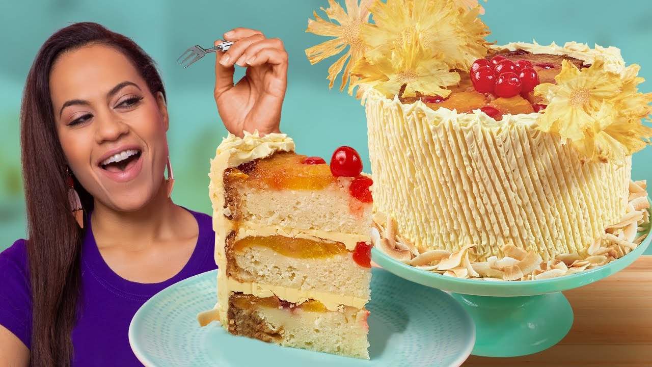 How To Cake a SUPER SIMPLE Tropical Upside Down Pineapple Cake! Coconut Cake with Rich Buttercream!