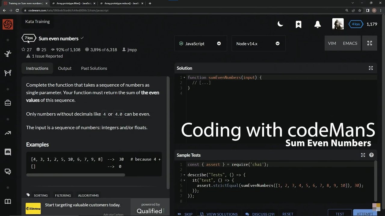 Codewars 7 kyu Sum Even Numbers Javascript