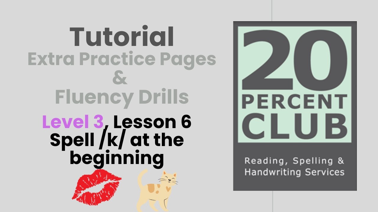 Barton Level 3, lesson 6 Extra Practice Pages & Fluency Drills.  Spelling /k/.  Kiss the Cat