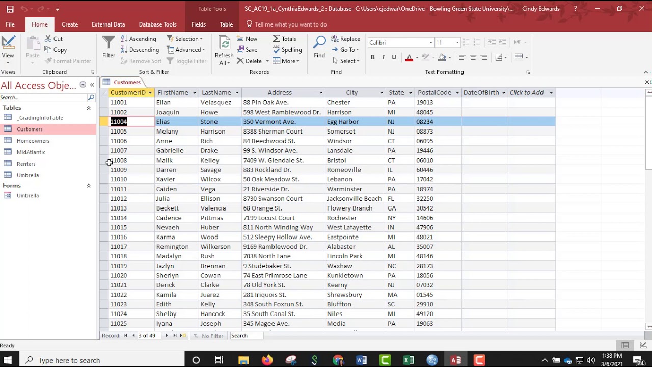 Access 2019 Cengage/SAM Module 1 Project 1A