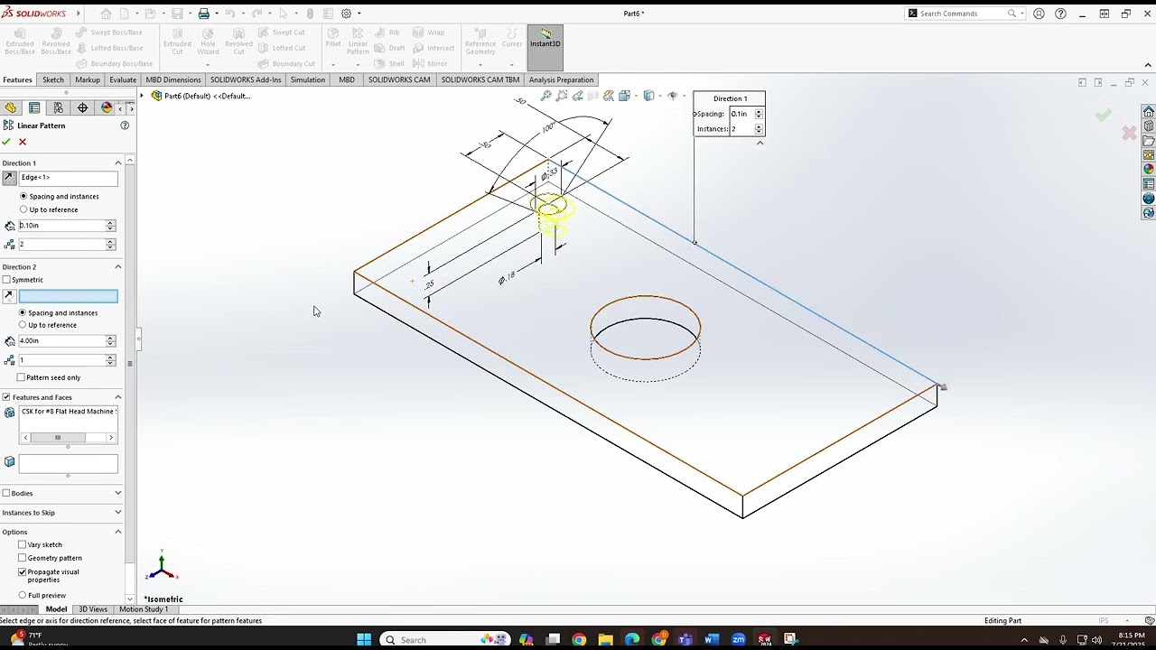 Creating a Linear Pattern on SolidWorks 2025