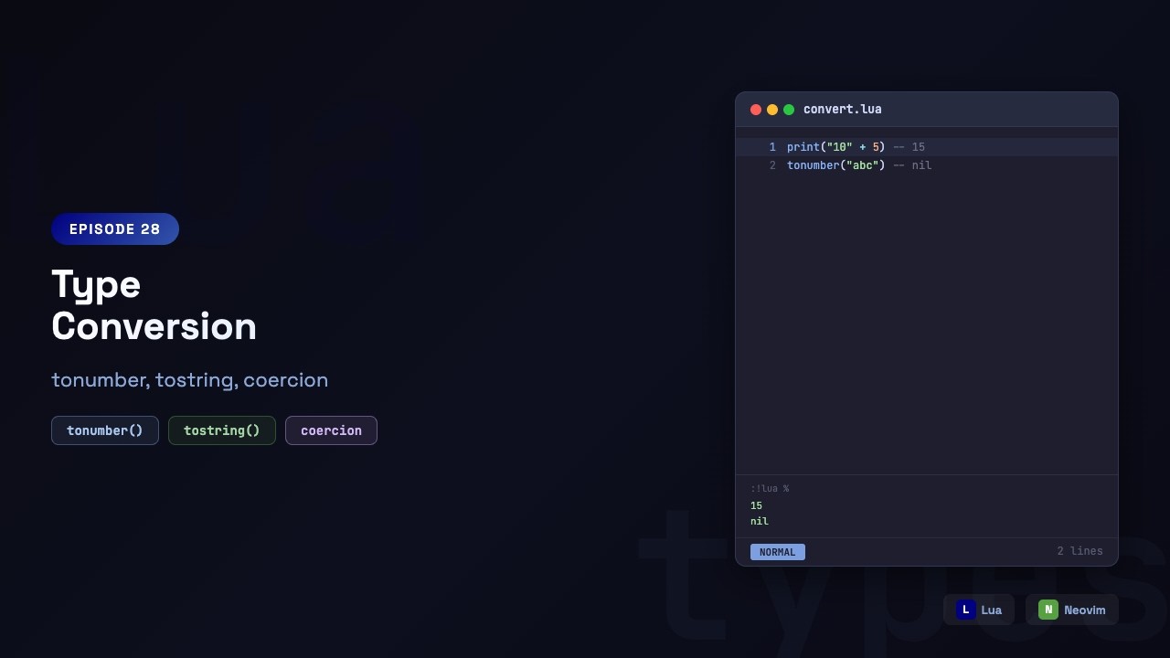 Lua with Neovim: Type Conversion — Automatic Coercion, Safe Defaults & Explicit Casts | Episode 28