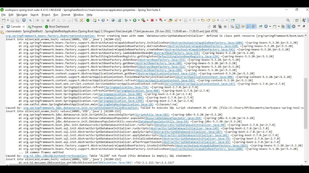 org.h2.jdbc.JdbcSQLSyntaxErrorException: / Table  not found (this database is empty); SQL statement