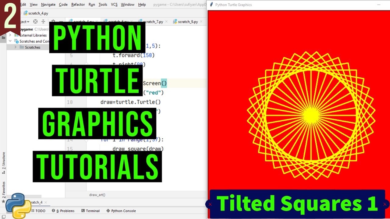Tilted Squares 1 with Python Turtle | PYTHON TURTLE GRAPHICS TUTORIAL#2 | Designs in turtle library