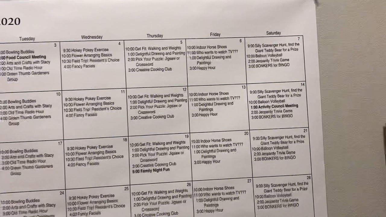 Activity Calendar and Menus