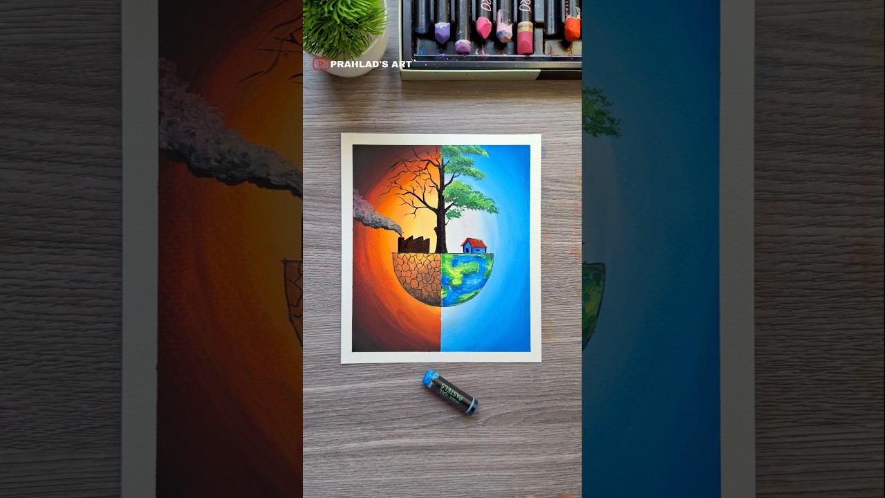 🌍✨ Save Earth Drawing | Pollution vs Nature 🌳🔥 | Oil Pastel Art  #drawing  #art