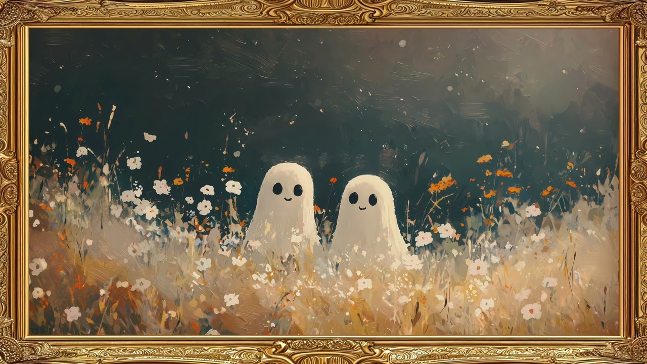 Cute Ghosts Frame TV Art Fall Painting Screensaver Framed 4K Wallpaper Autumn Wildflowers Slideshow