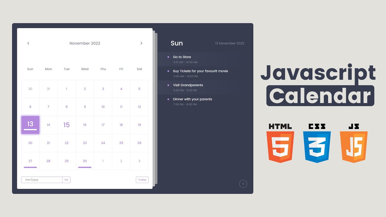 Modern Calendar with Todo in HTML, CSS and JS Part 1 | JavaScript Events Calendar