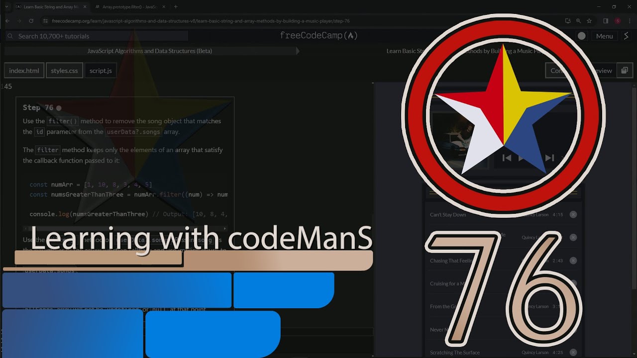 Learn Basic String and Array Methods by Building a Music Player - Step 76 | freeCodeCamp | (Beta)
