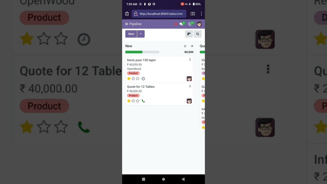 Demo Odoo ERP 18 (Open Source):CRM App on Android Mobile with Local PostgreSQL Database