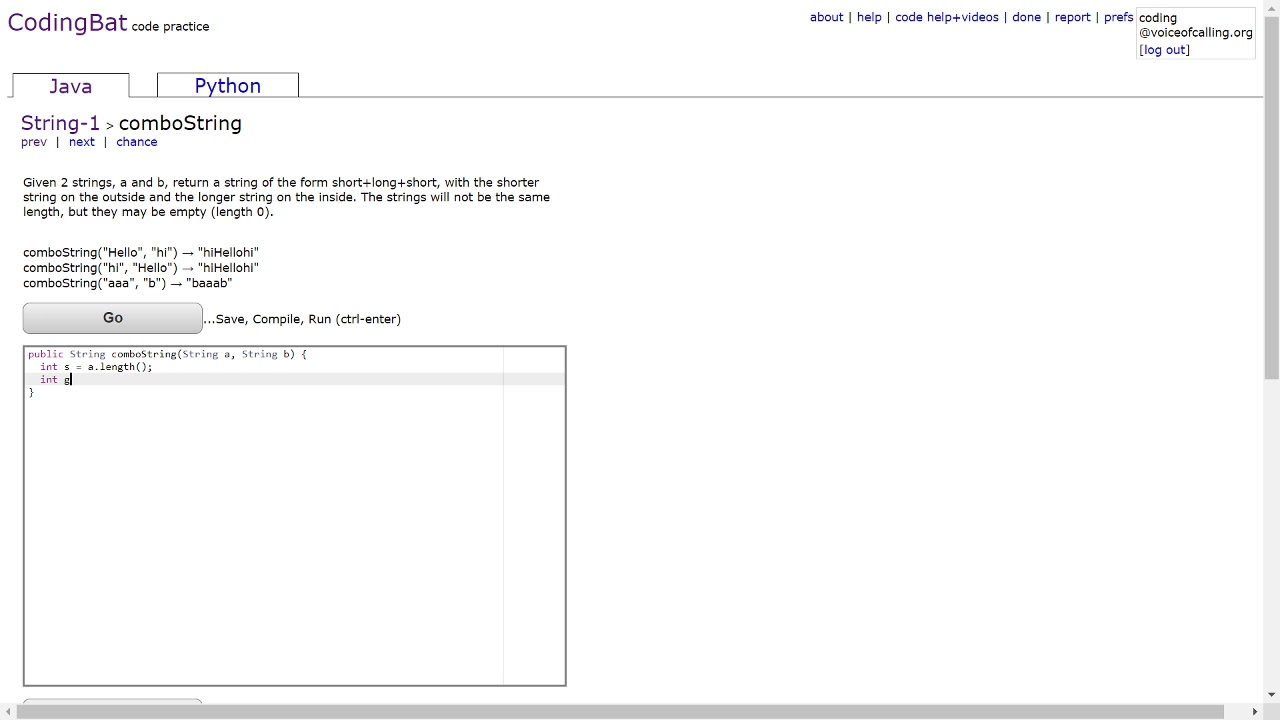 String-1 (comboString) Java Tutorial || Codingbat.com