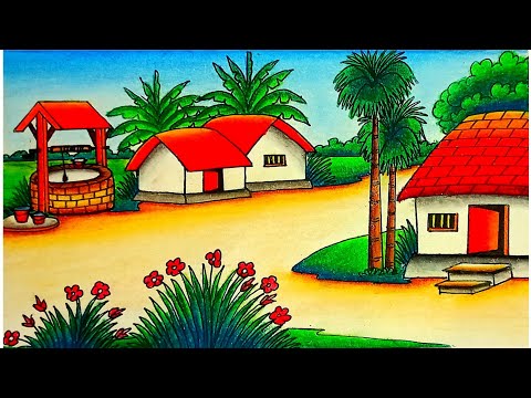 How to draw easy scenery drawing of nature beautiful village house drawing easy step by step
