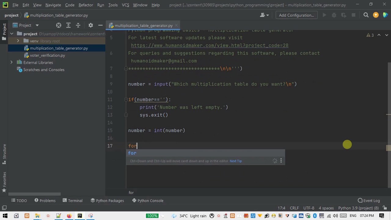 6. Multiplication table generator | Python basics programming course