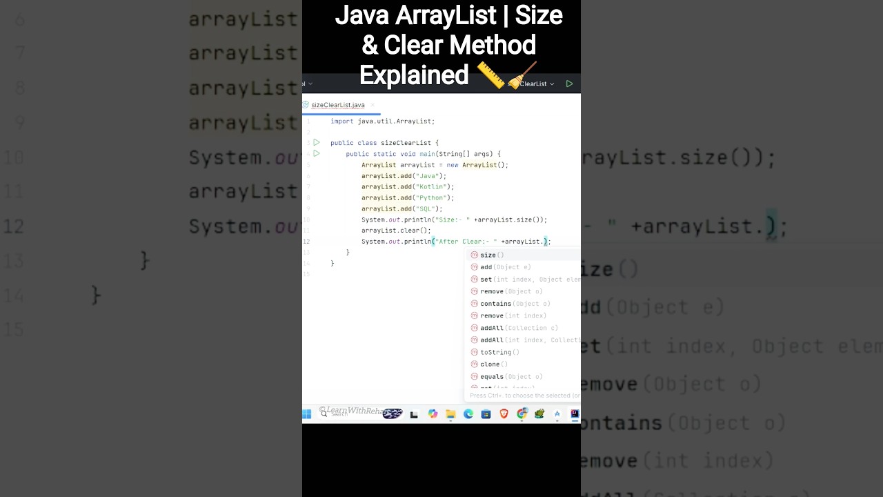 Java ArrayList | Size & Clear Method Explained 📏🧹#coding #learnwithrehan #programming #javatutorial
