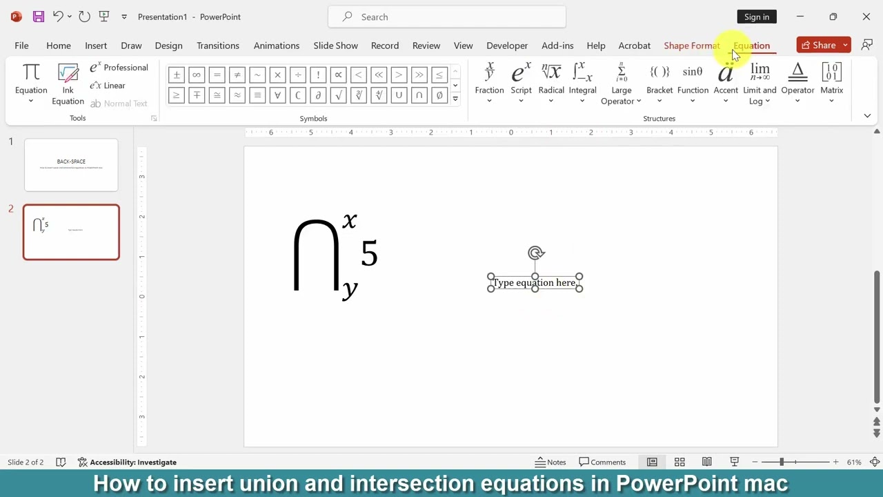 How to insert union and intersection equations in PowerPoint mac
