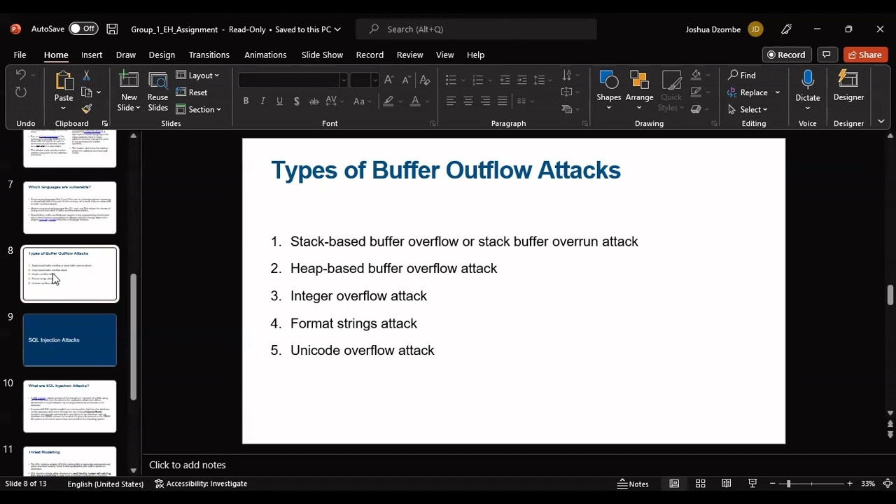 Group 1 EHDF PowerPoint Presentation on Buffer Overflow and SQL Injection attacks