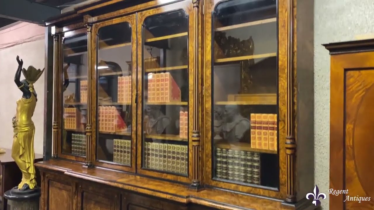Antique Victorian Burr Walnut Library Bookcase 19th Century
