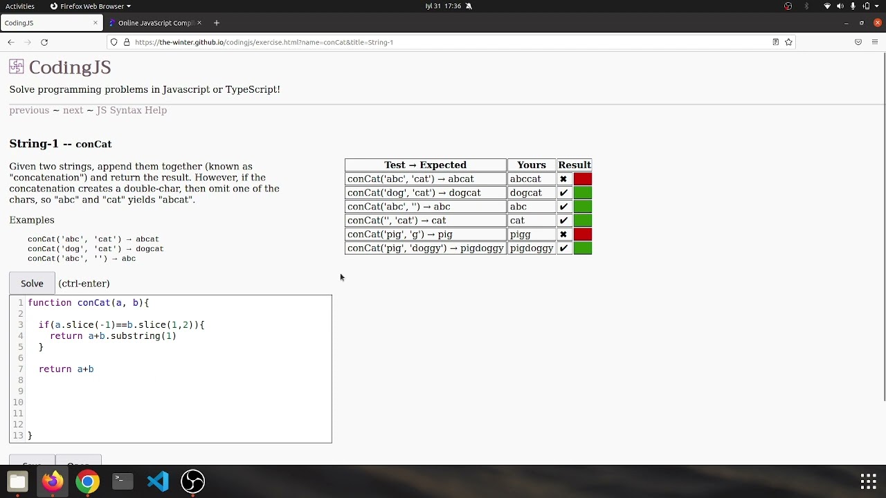 String 1 conCat Javascript Solution