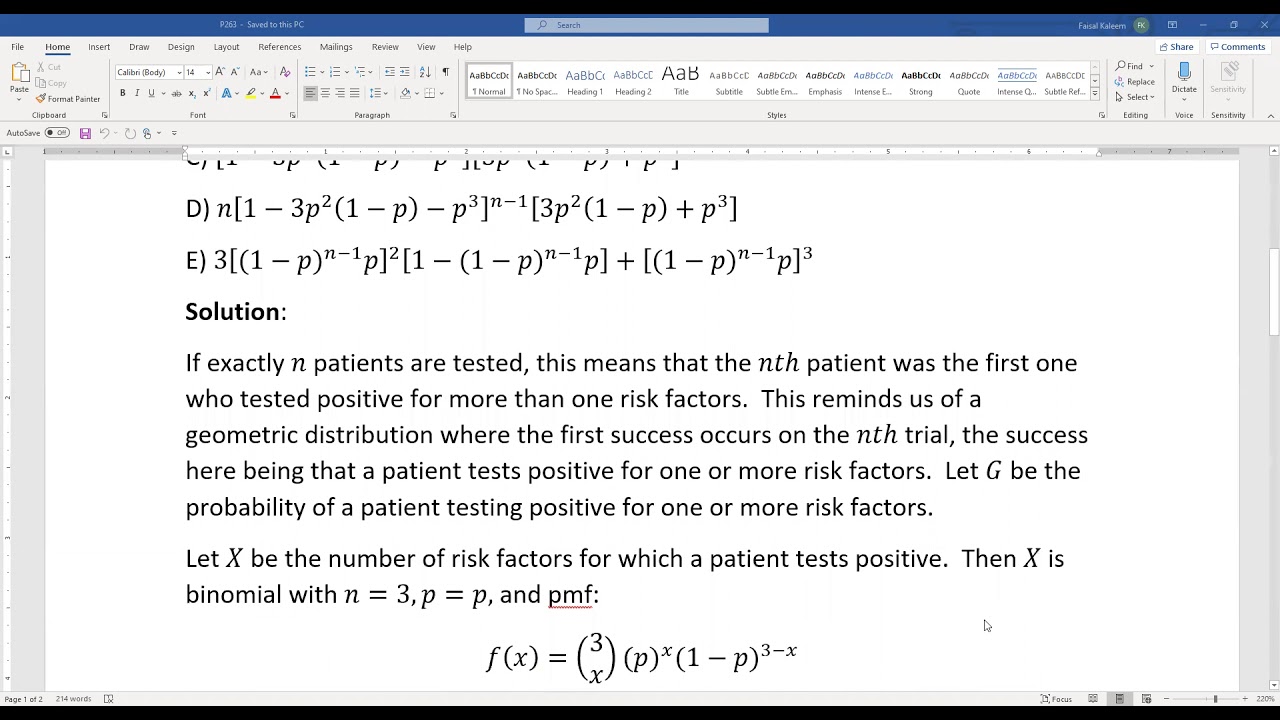 Actuarial SOA Exam P Sample Question 201 (once 263) Solution