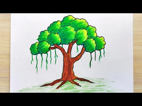 How to draw banyan tree | Banyan tree drawing step by step | Banyan tree drawing with colour